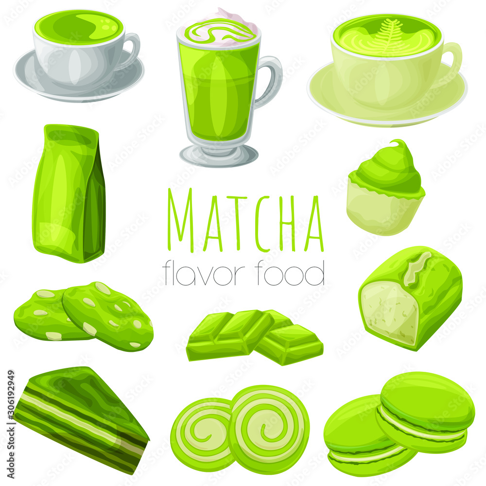 Matcha green tea flavor food and drinks, cartoon isolated vector ...