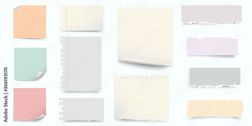 Notebook torn pages sheets, color notes paper and pieces of ripped ...