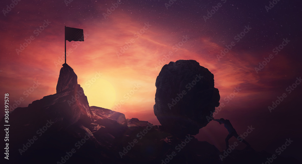 Determined businessman pushing a huge boulder up a hill reaching finish ...