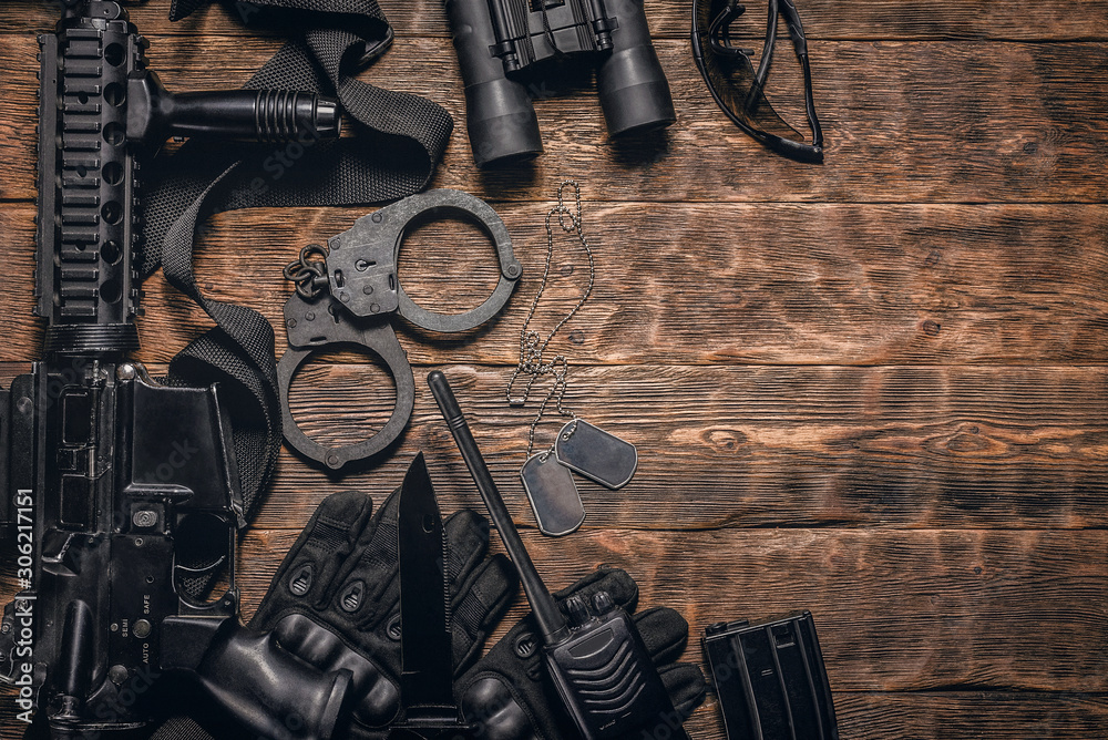Military equipment or special agent gear concept flat lay background ...