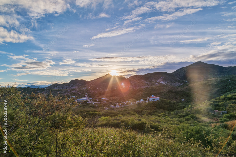 sunrise between the mountains of the Mixteca poblana in Puebla, Mexico ...