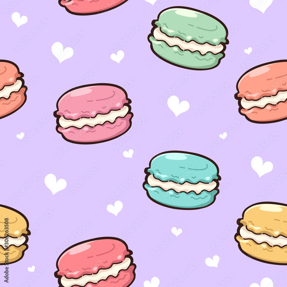 Seamless pattern cute Colorful macaron and little white heart vector ...