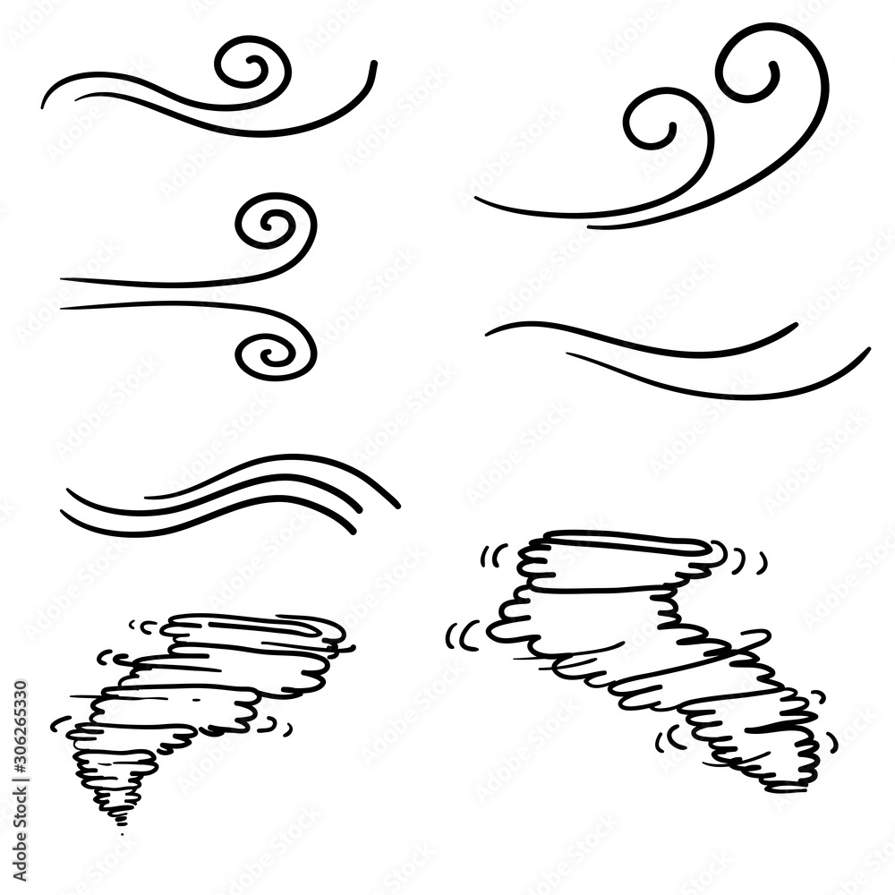 Wind icons nature, wave flowing illustration with hand drawn doodle ...