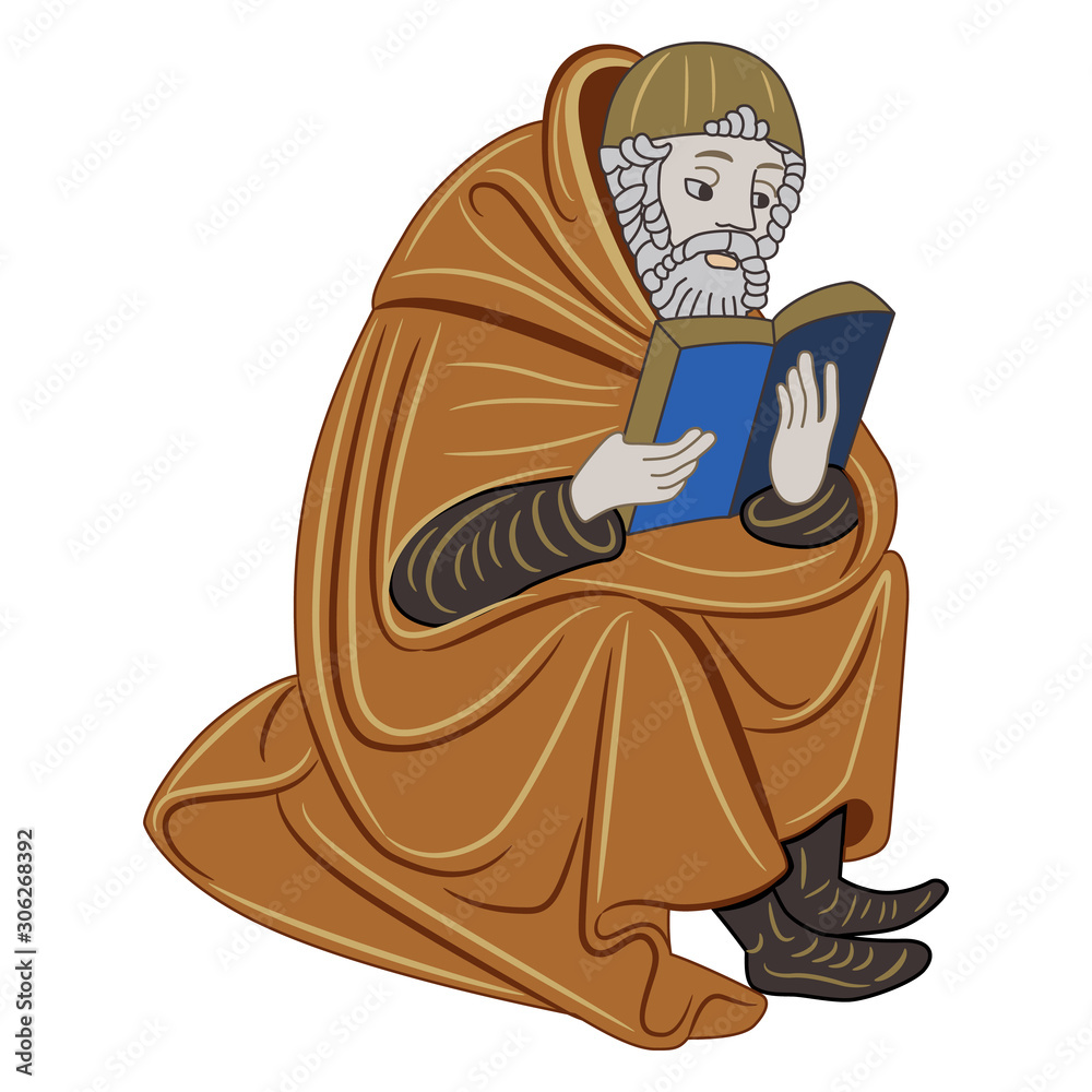 Isolated vector illustration. Sitting medieval man reading a book ...