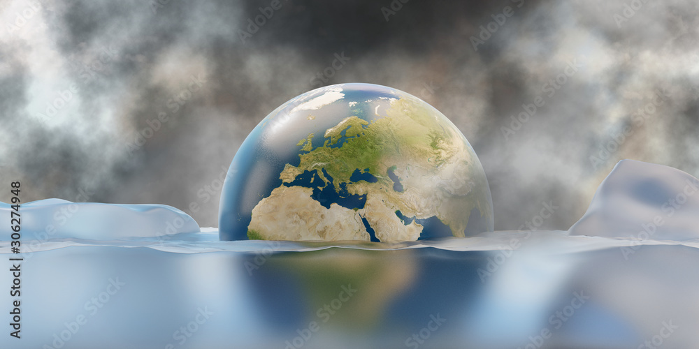 melted ice and sea level rise. planet earth under water 3d-illustration ...