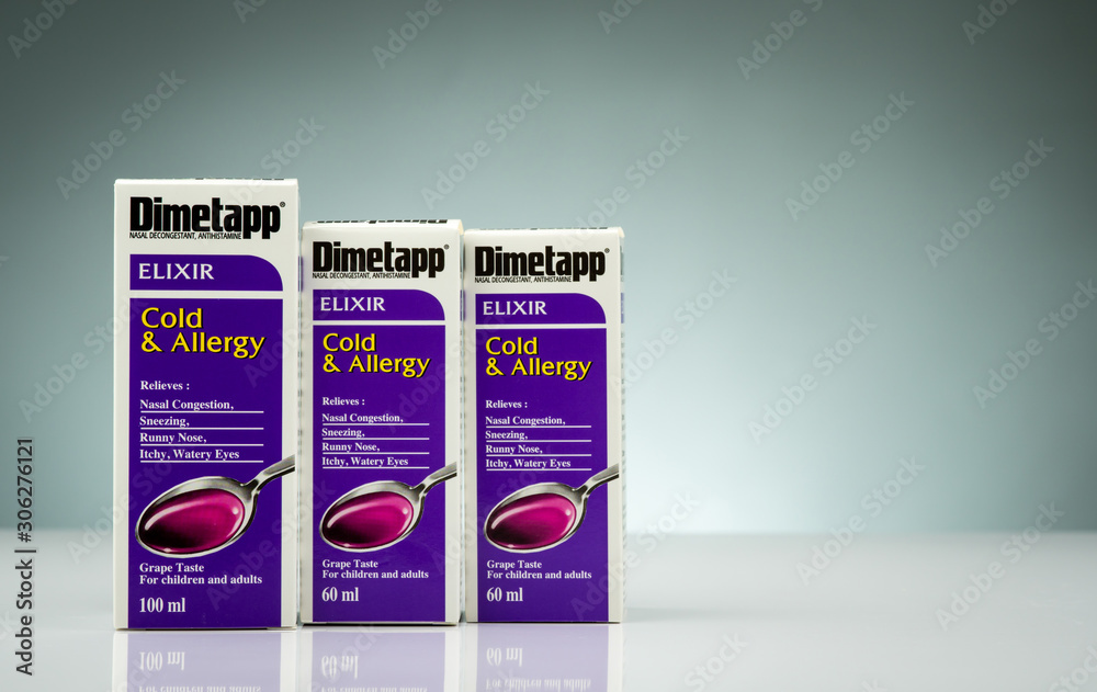CHONBURI, THAILAND-OCTOBER 14, 2018 : Dimetapp Elixir in amber bottle ...