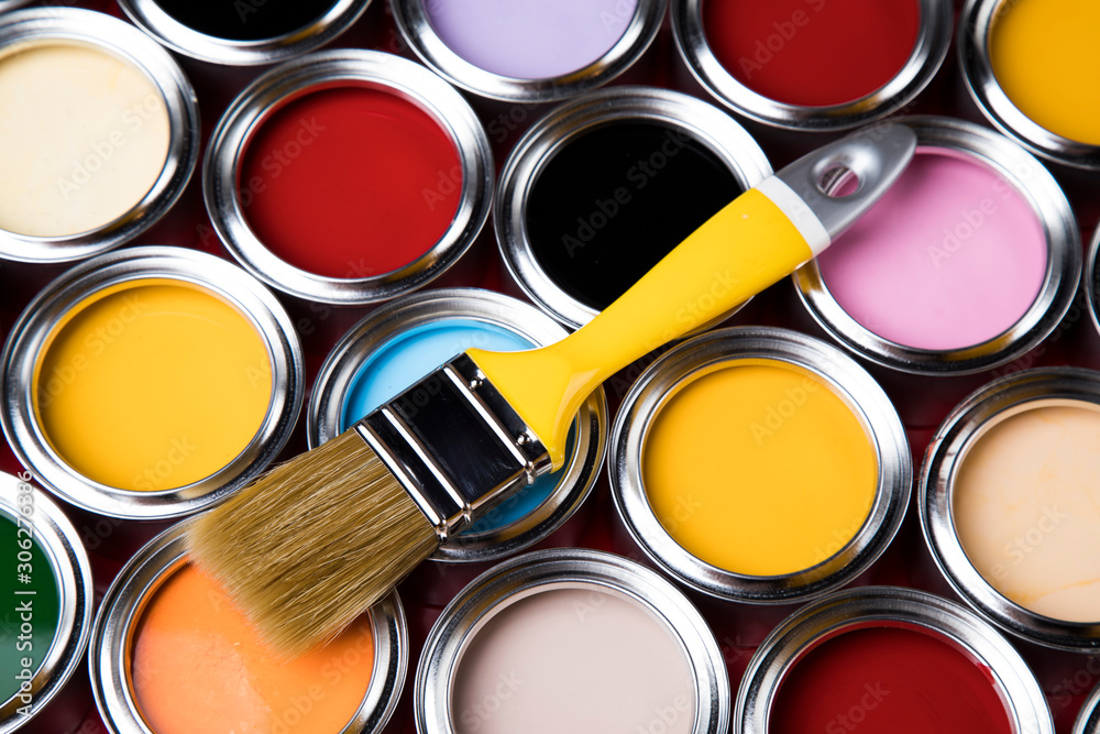 Paint brush, tin can and color guide samples Stock Photo | Adobe Stock