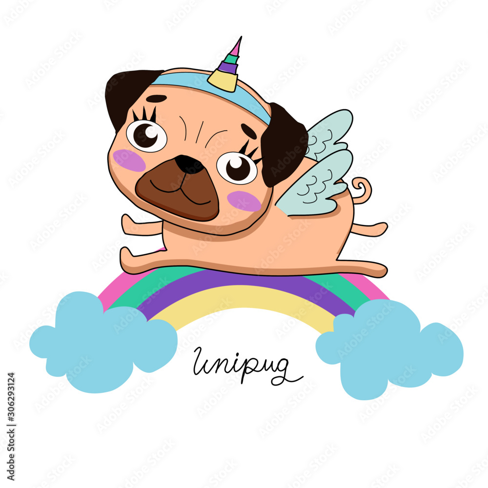 Unicorn pug frying on the rainbow. Unipug drawing vector illustration ...