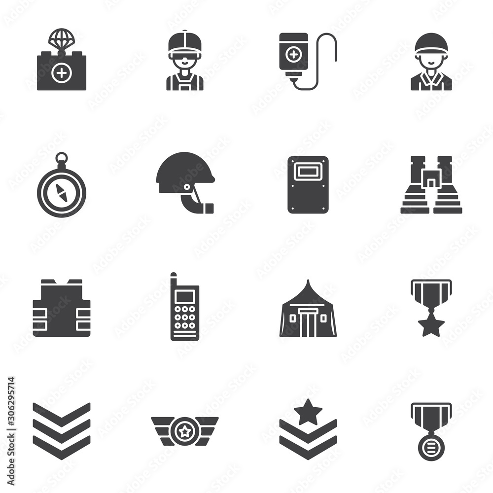 Military vector icons set, modern solid symbol collection, filled style ...