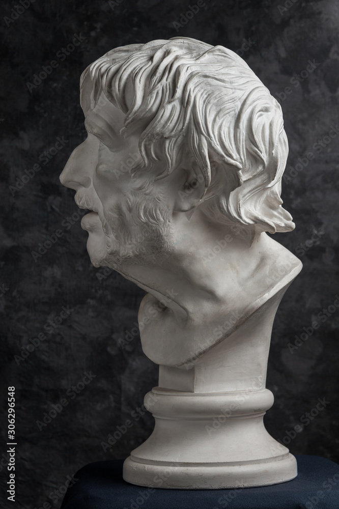 Gypsum copy of ancient statue Seneca head on dark textured background ...