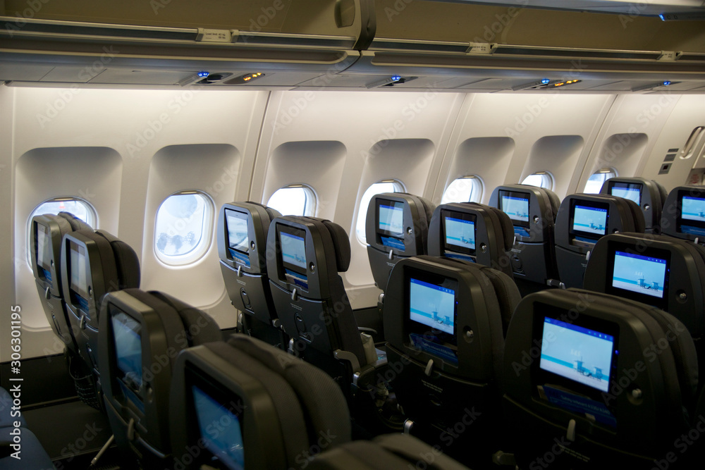 COPENHAGEN, DENMARK - NOV 24th, 2018: Empty airplane seats waiting for ...