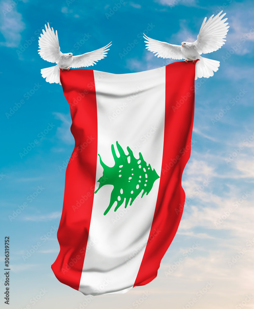 Lebanon flag carried by white pigeon with sky background Stock Photo ...