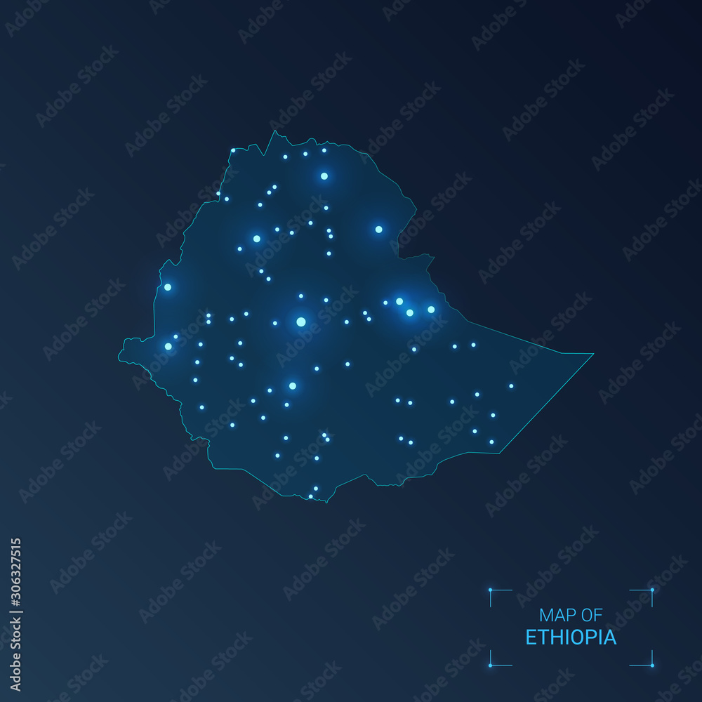 Ethiopia map with cities. Luminous dots - neon lights on dark ...