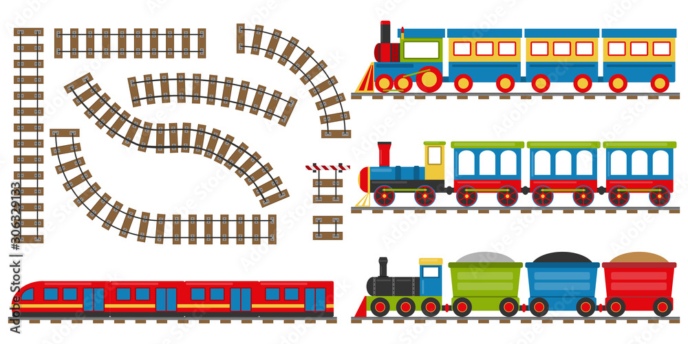 Cartoon railway and train. Set of cartoon trains. Vector illustration ...