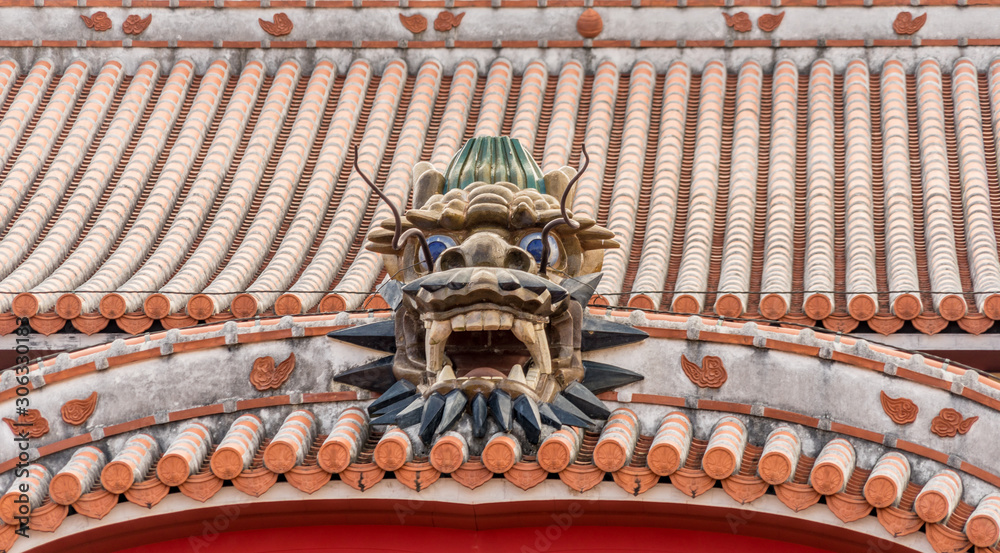 Now destroyed in a fire. Okinawa, Shuri Castle. Detail of Seiden, front ...
