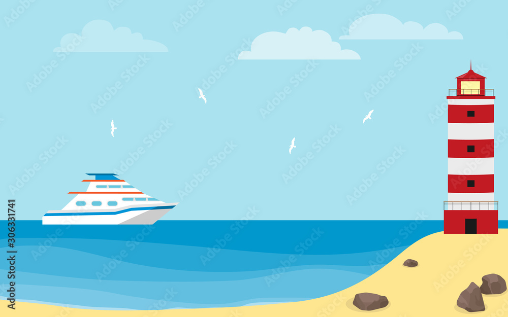 Lighthouse on ocean or sea beach cartoon background vector illustration ...