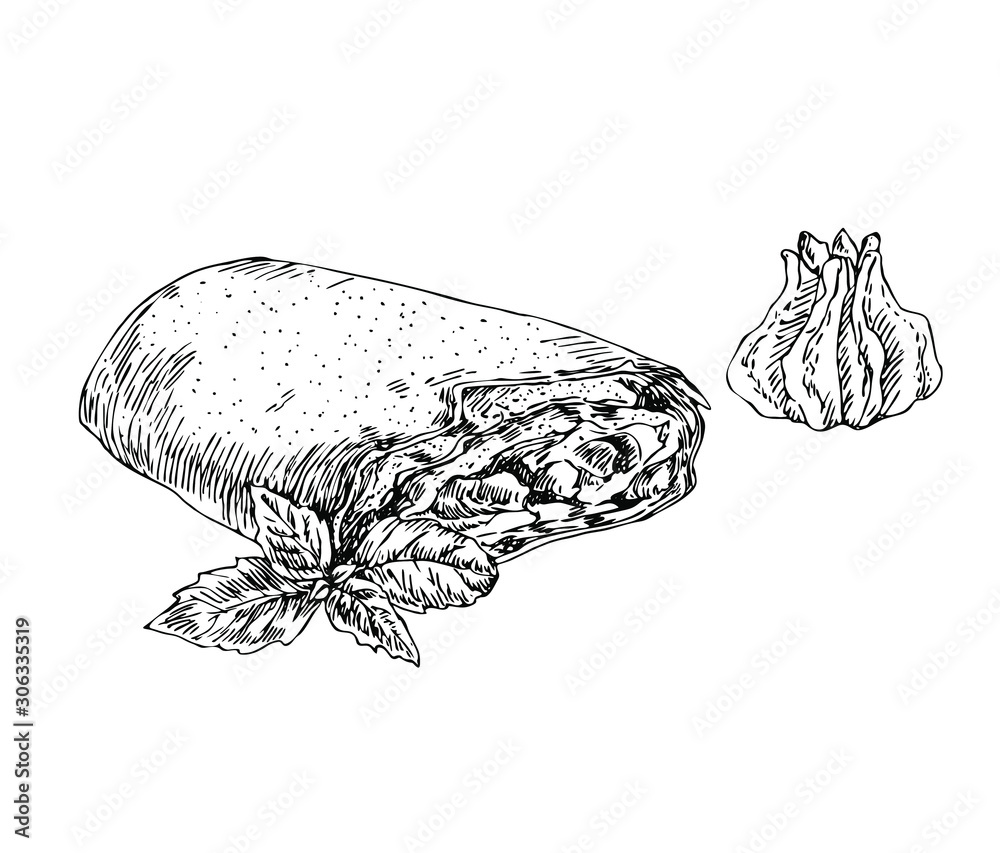 Strudel with cream in line art style. Stock Vector | Adobe Stock