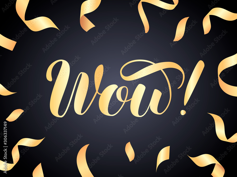 Wow! lettering. Vector illustration with golden serpentine background ...