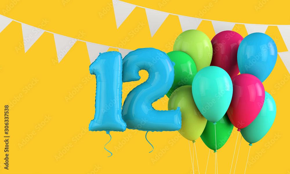 Happy 12th birthday colorful party balloons and bunting. 3D Render ...