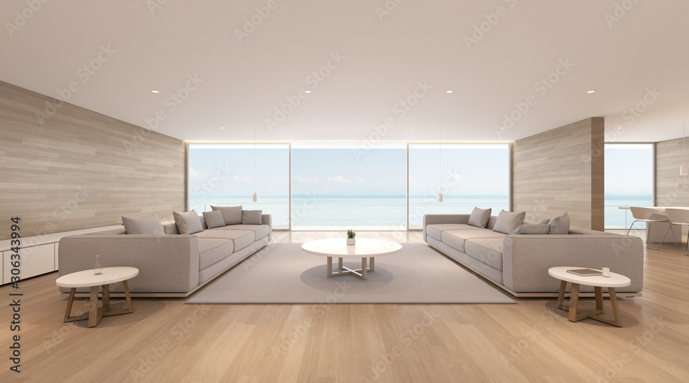 Perspective of modern luxury living room with sofa on sea view ...