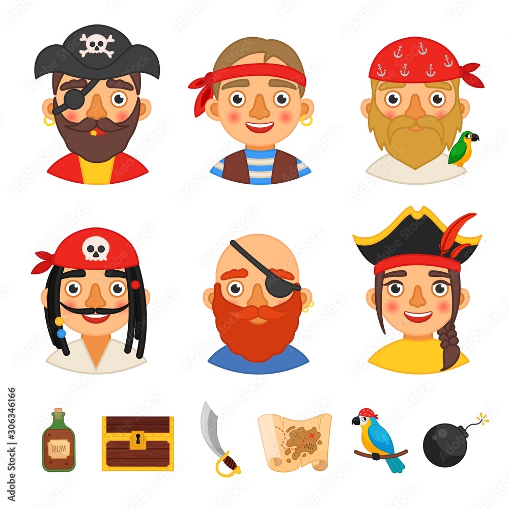 Vector set of pirate characters. Pirate accessories. Cartoon Icons Set ...