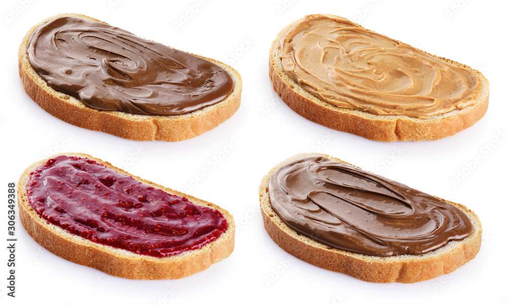 Toasts with chocolate butter, peanut butter and berry jam isolated on ...