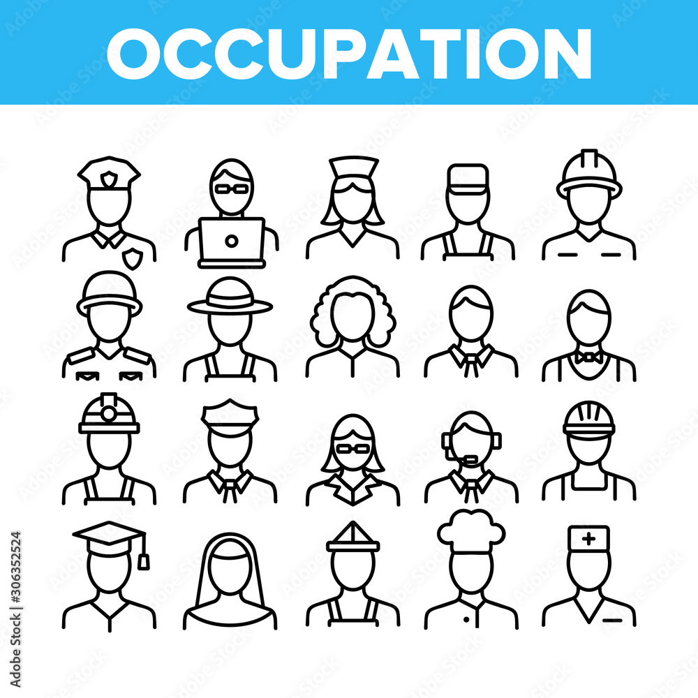 Occupation Collection Elements Icons Set Vector Thin Line Policeman And Doctor Teacher And