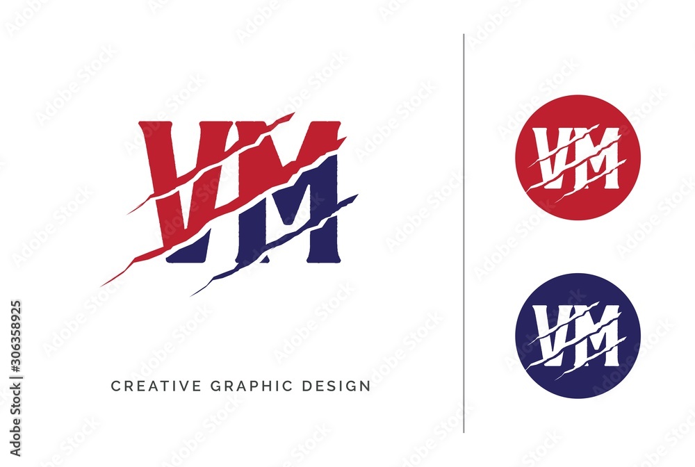 Red and blue scratched VM letter template logo design with circle icon ...