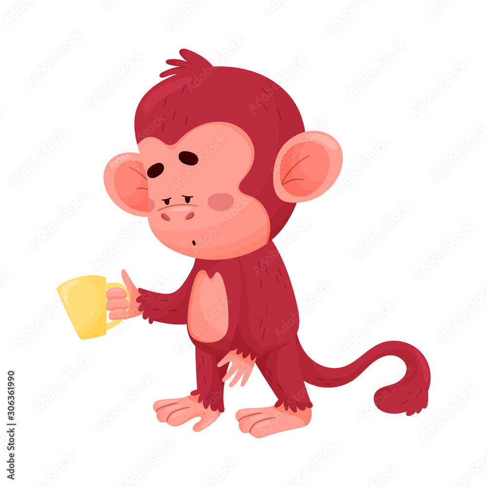 Funny Little Red Monkey Standing With Cup Of Coffe Or Tea Vector ...