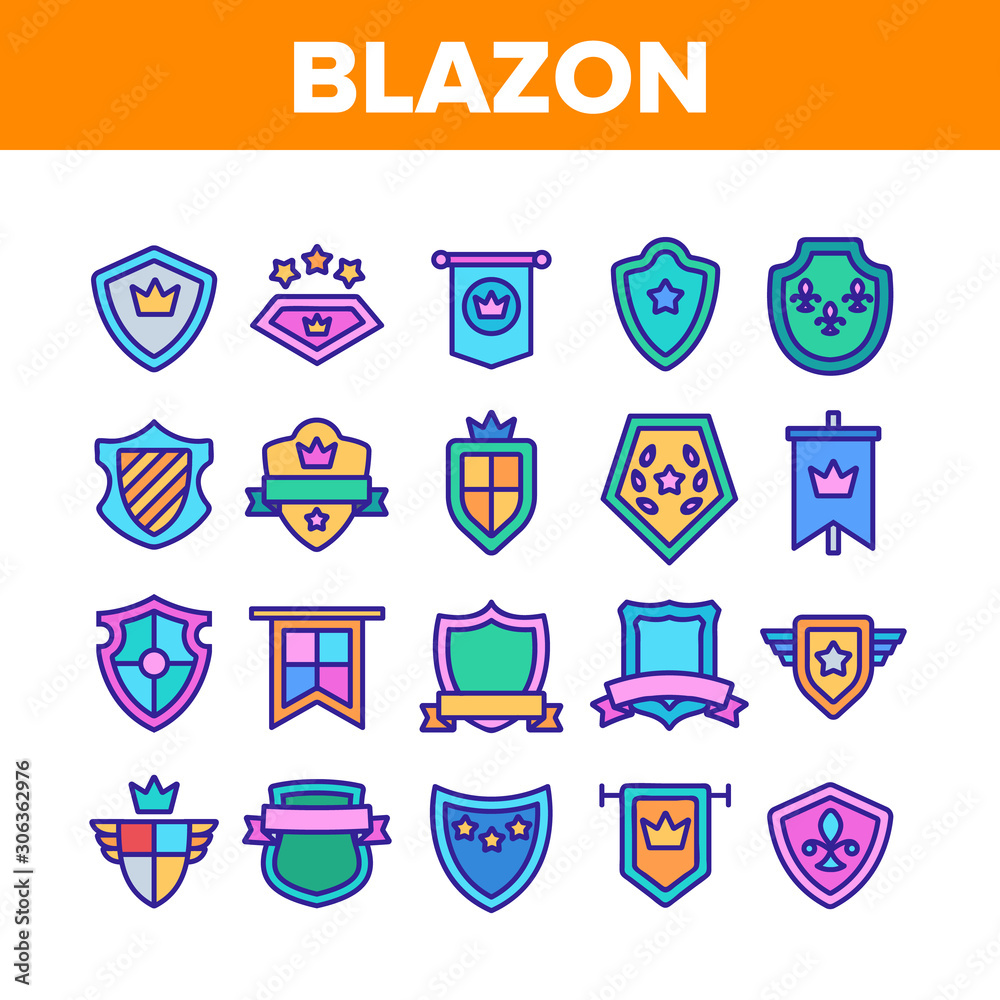 Blazon Shield Shapes Collection Icons Set Vector Thin Line. Medieval ...