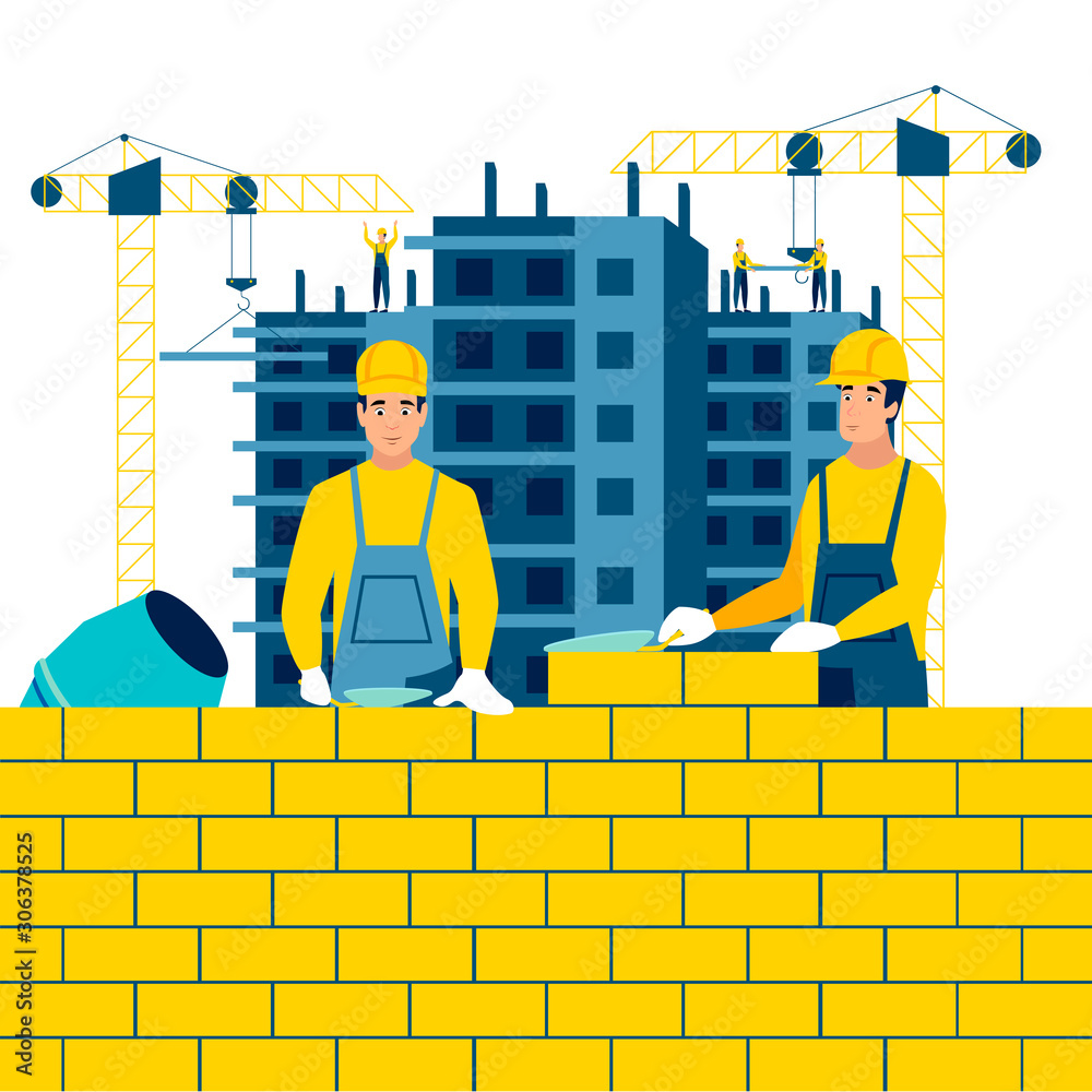 Construction, working environment. Builders at work. In minimalist ...