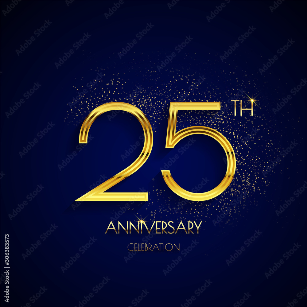 25th anniversary logo with luxury golden isolated on elegant blue ...