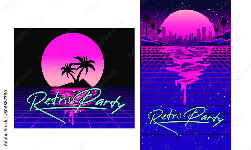 Retro future of the 80s. 1980s retro futuristic background style. Road ...