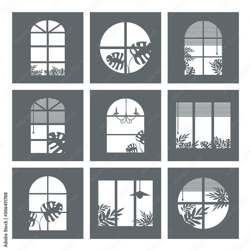 Collection of windows silhouette of various designs isolated. Window ...
