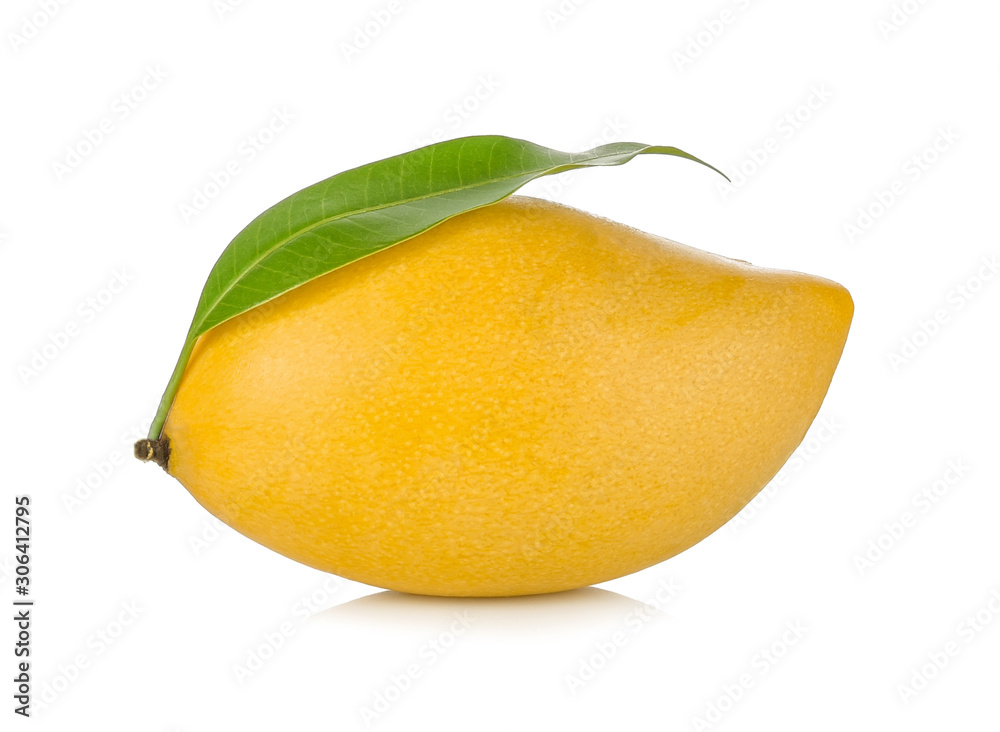 Yellow mango with leaves isolated on white background Stock Photo ...