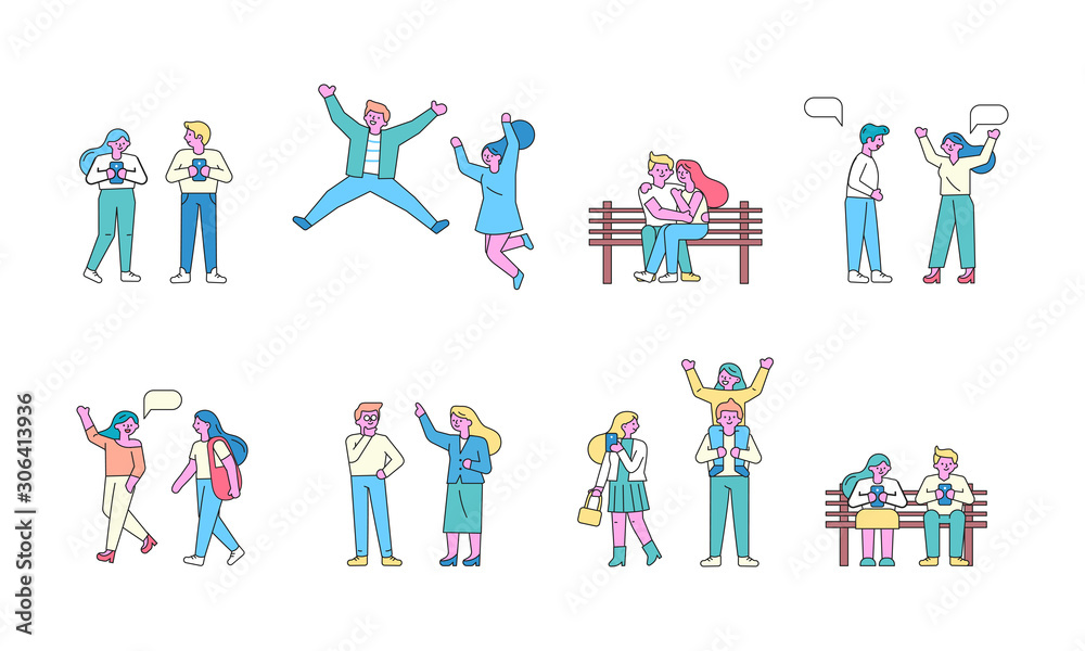 Different people line art vector set. Happy people spending time ...