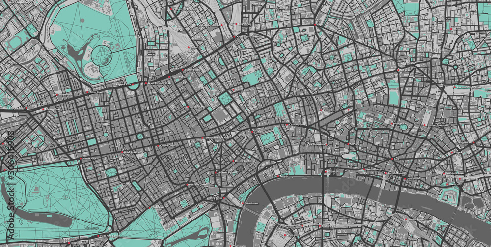 Detailed map of central London, UK with labelled tube stations Stock ...