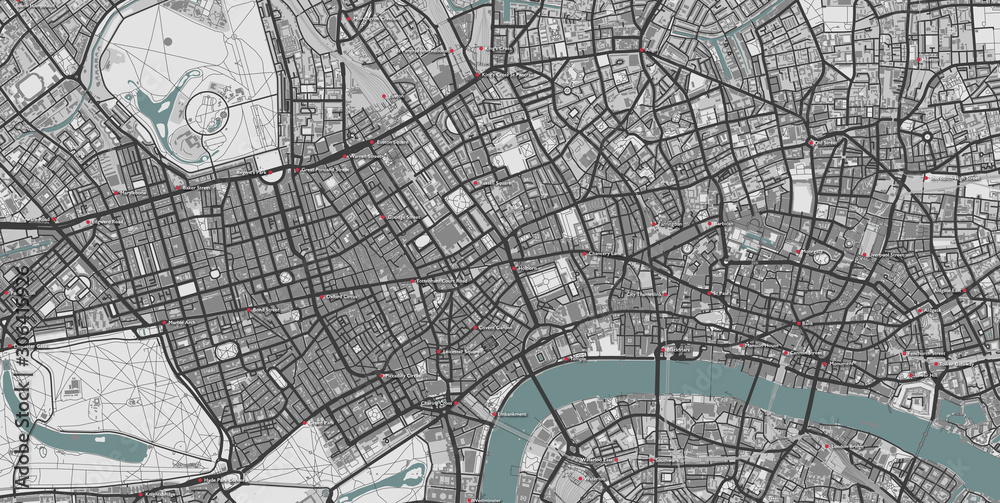 Detailed map of central London, UK with labelled tube stations Stock ...