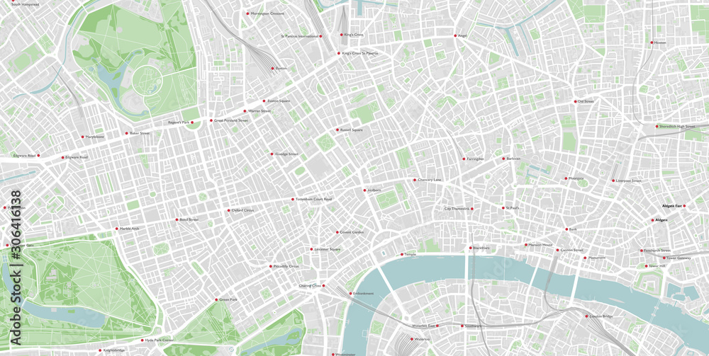 Vetor de Detailed map of central London, UK with labelled tube stations ...