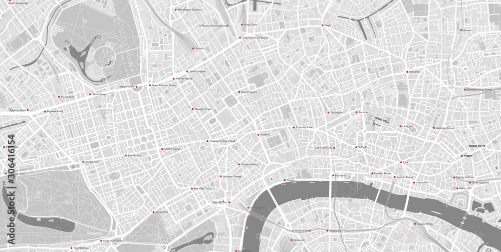 Detailed map of central London, UK with labelled tube stations Stock ...