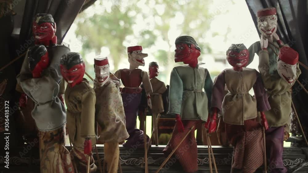 Line up of traditional Javanese story telling puppet characters ...