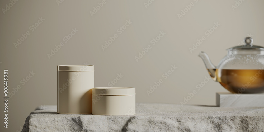 Minimal Beverage background for tea package presentation. Tin can on ...