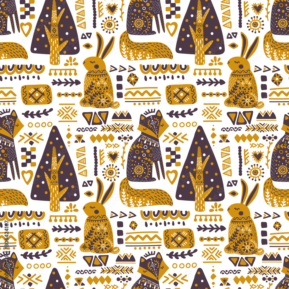 Folk art animals in Scandinavian style seamless pattern. Nordic ...