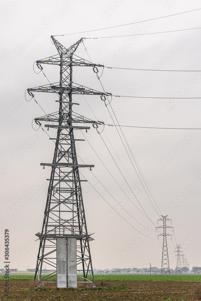 High voltage overhead power line, power pylon, steel lattice tower ...