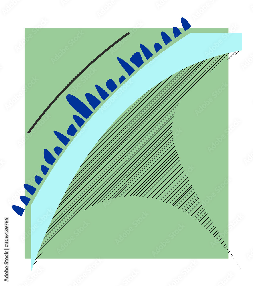 Unusual illustration of whirl with blue shapes on green background ...