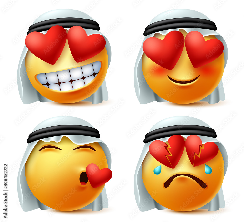 Arab emoticon of heart and love vector emoji set. Saudi arabian ...