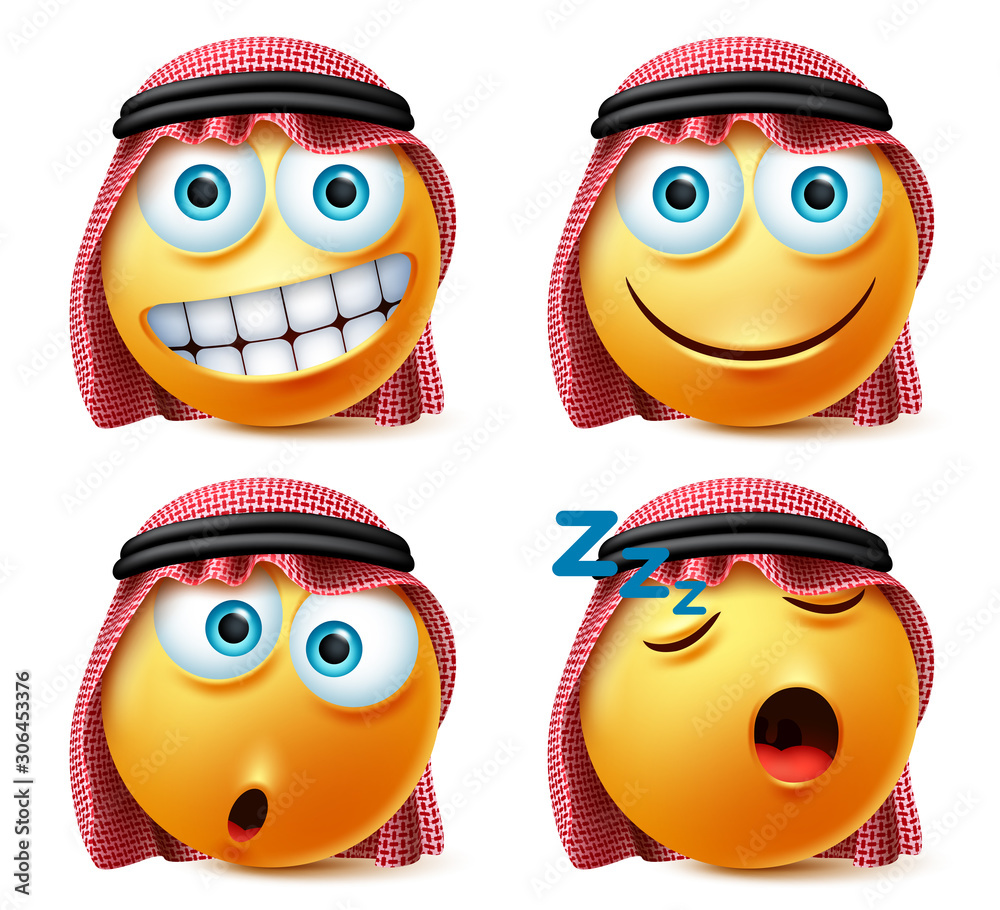 Saudi arab emoticons vector set. Saudi arab face emojis with sleeping ...