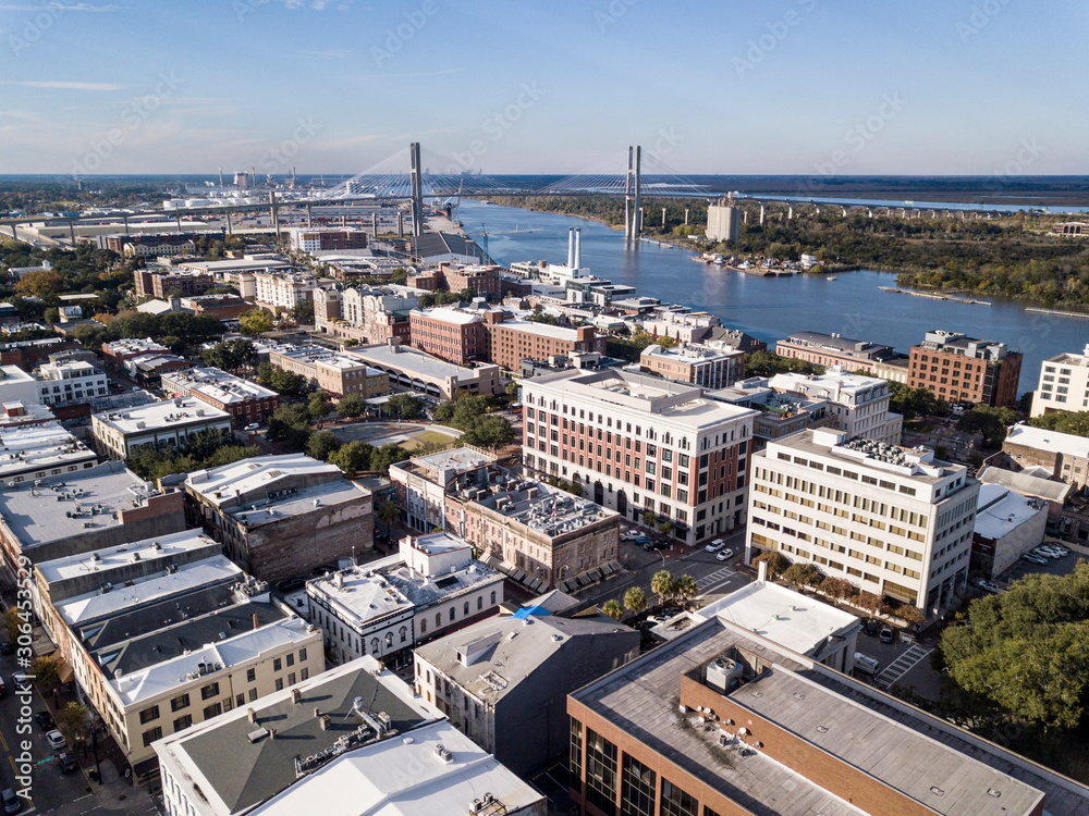 Aerial view of downtown Savannah, Georgia with Talmadge Bridge at the ...