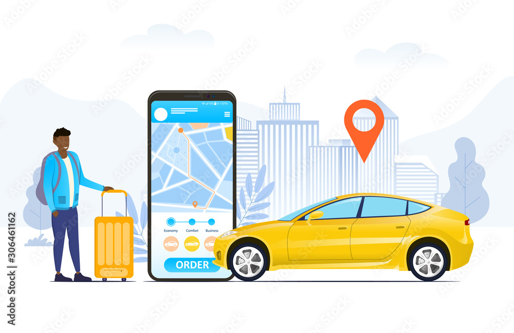 Ordering or hailing a ride by car online concept with a traveller ...