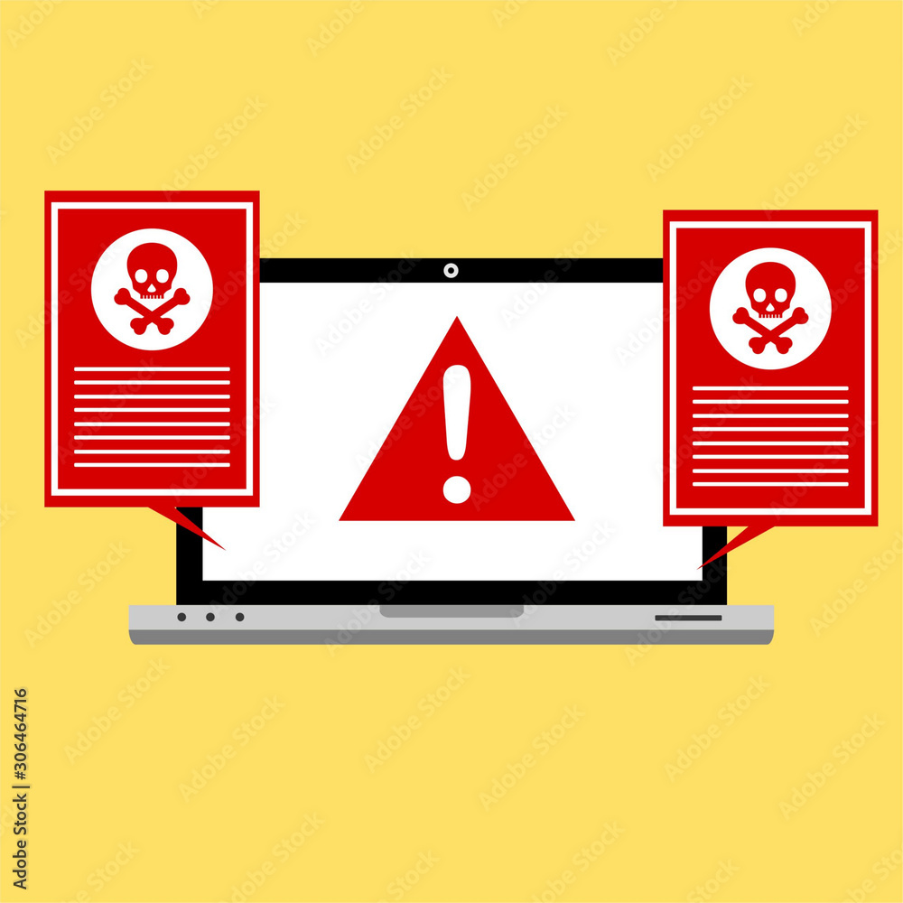Malware notification on laptop vector illustration, flat style computer with skull bones bubble ...